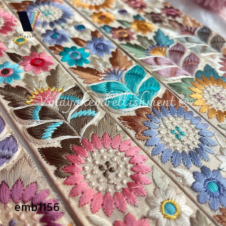 9 Yards 4 Cm Beige Floral Multi Color Embroidered Sari Fabric Border ...