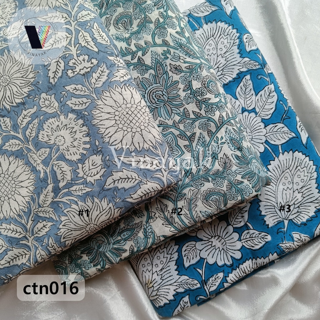 44" Blue Gray Floral Block Printed 100% Cotton Light Weight Fabric by ...