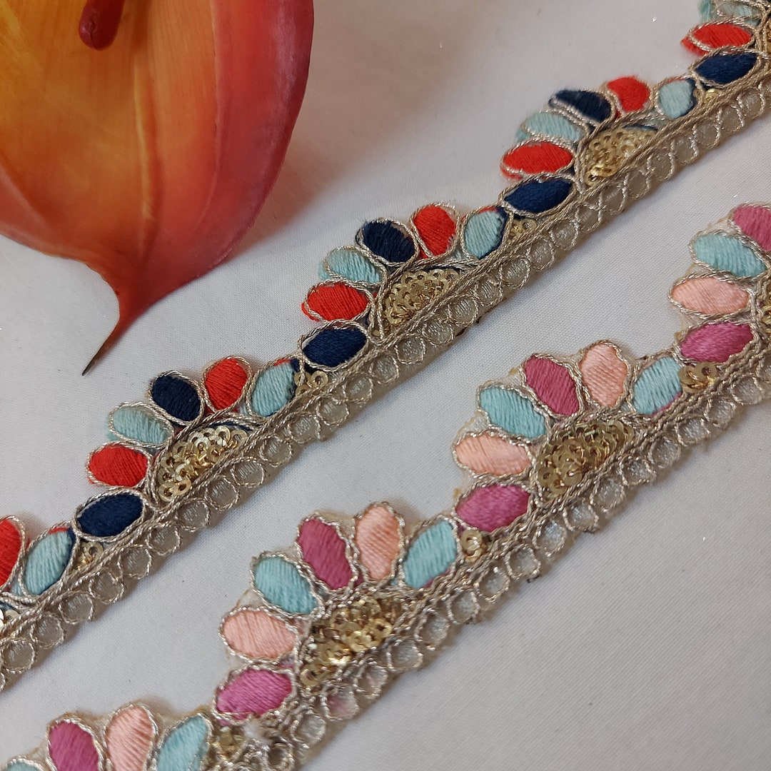 1" Multi-color Thread Indian Embroidery Sari Fabric Embellishment Trim ...