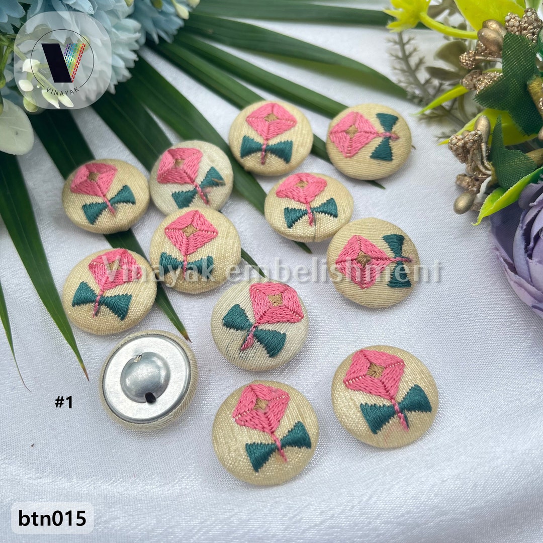 2 Cm Floral Thread Embroider on Beige Fabric Button, Sew-on Cabochon ...
