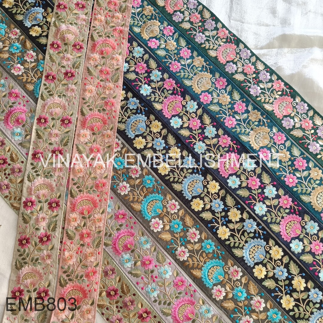 2.5" Floral Multi Color Embroidered Sari Fabric Ribbon, Boho Bag Strap ...