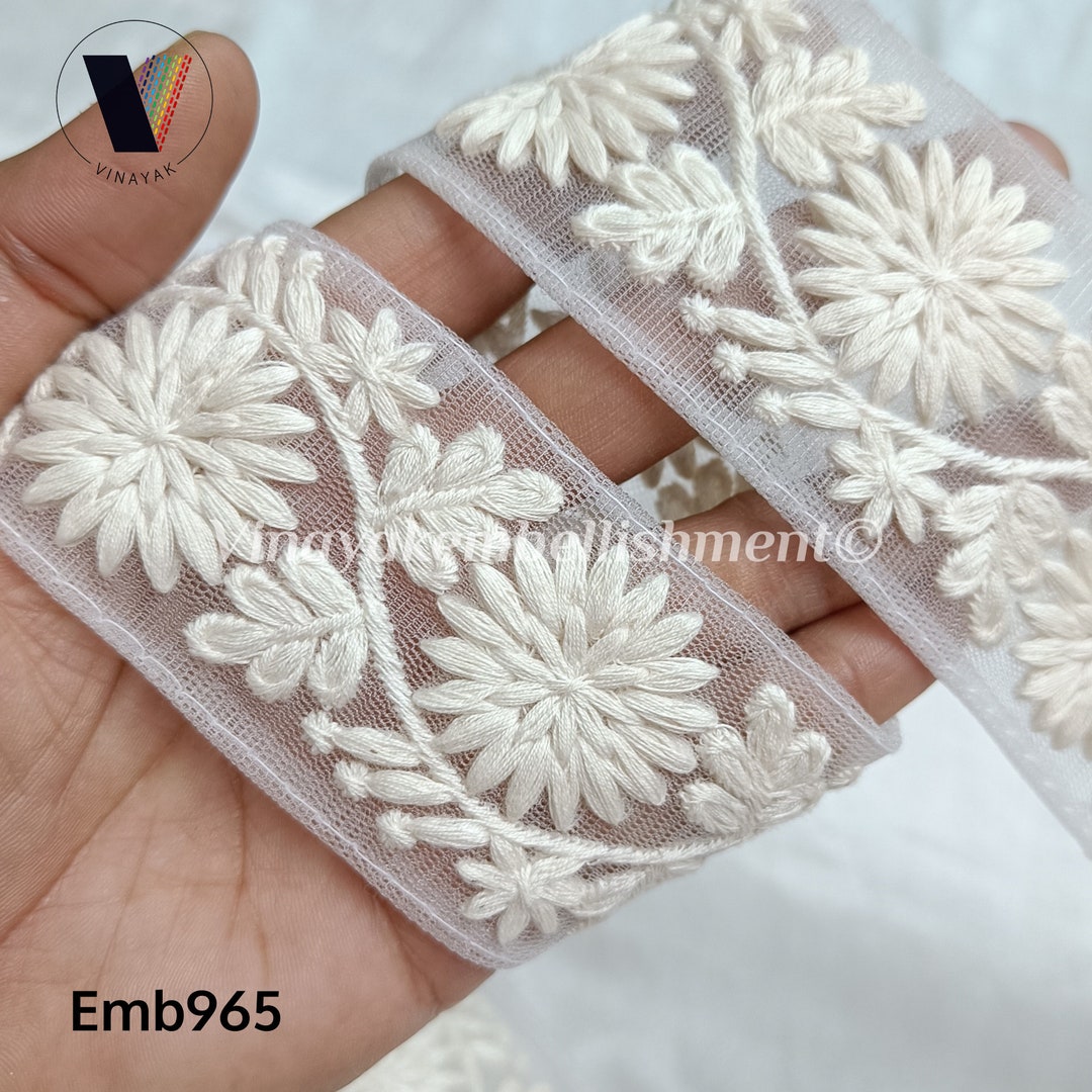 9 Yard 2 Floral White Dyeable Embroidered Trim Ribbon - Etsy