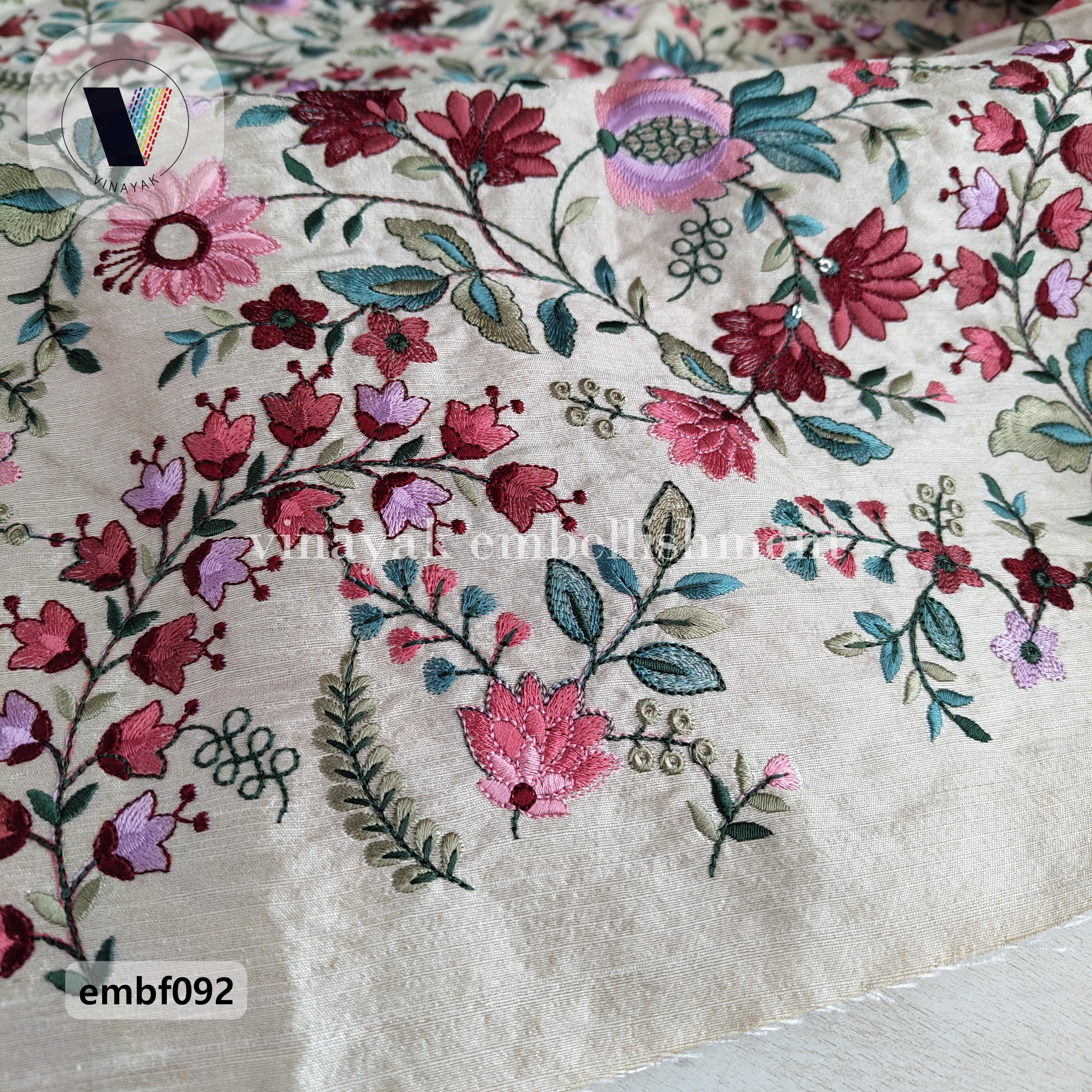 44" off White Multi Color Thread Embroidery Fabric, Lehenga Wedding ...