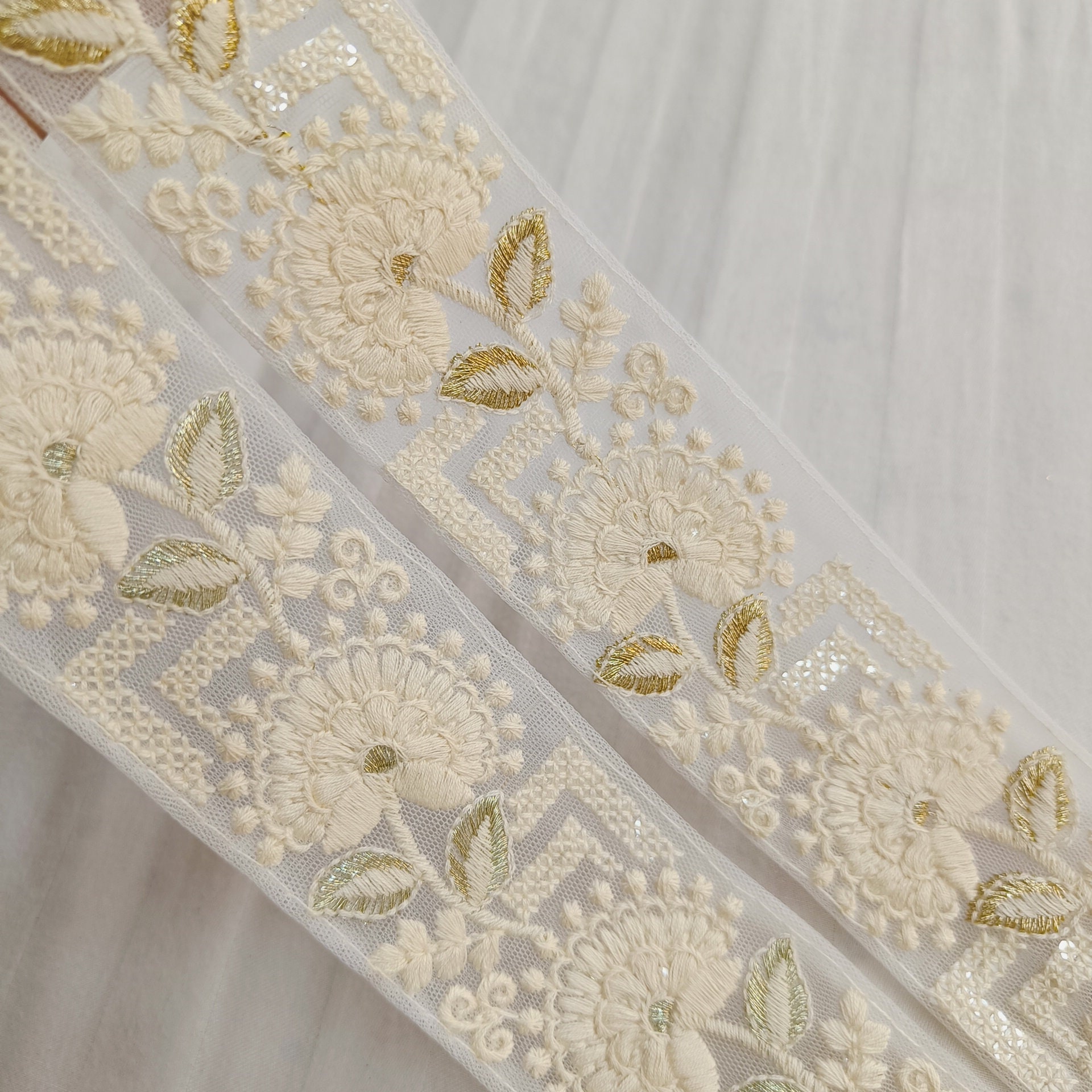 4.5cm White Dyeable Gold Thread Embroidered Net Ribbon Trim - Etsy