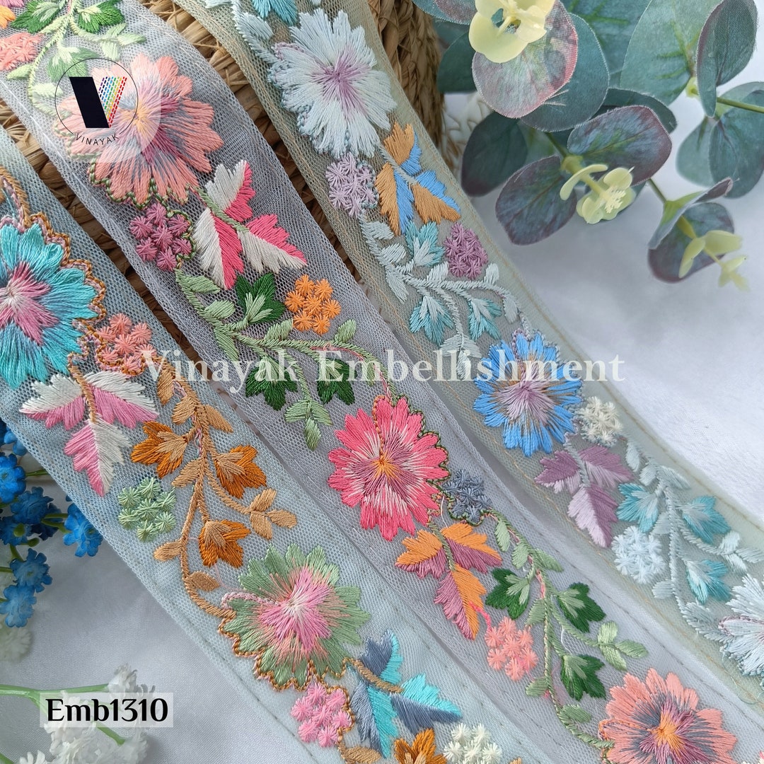 4 Cm Floral Pastel Embroidery Trims Ribbon Sari Border, Junk Journal ...