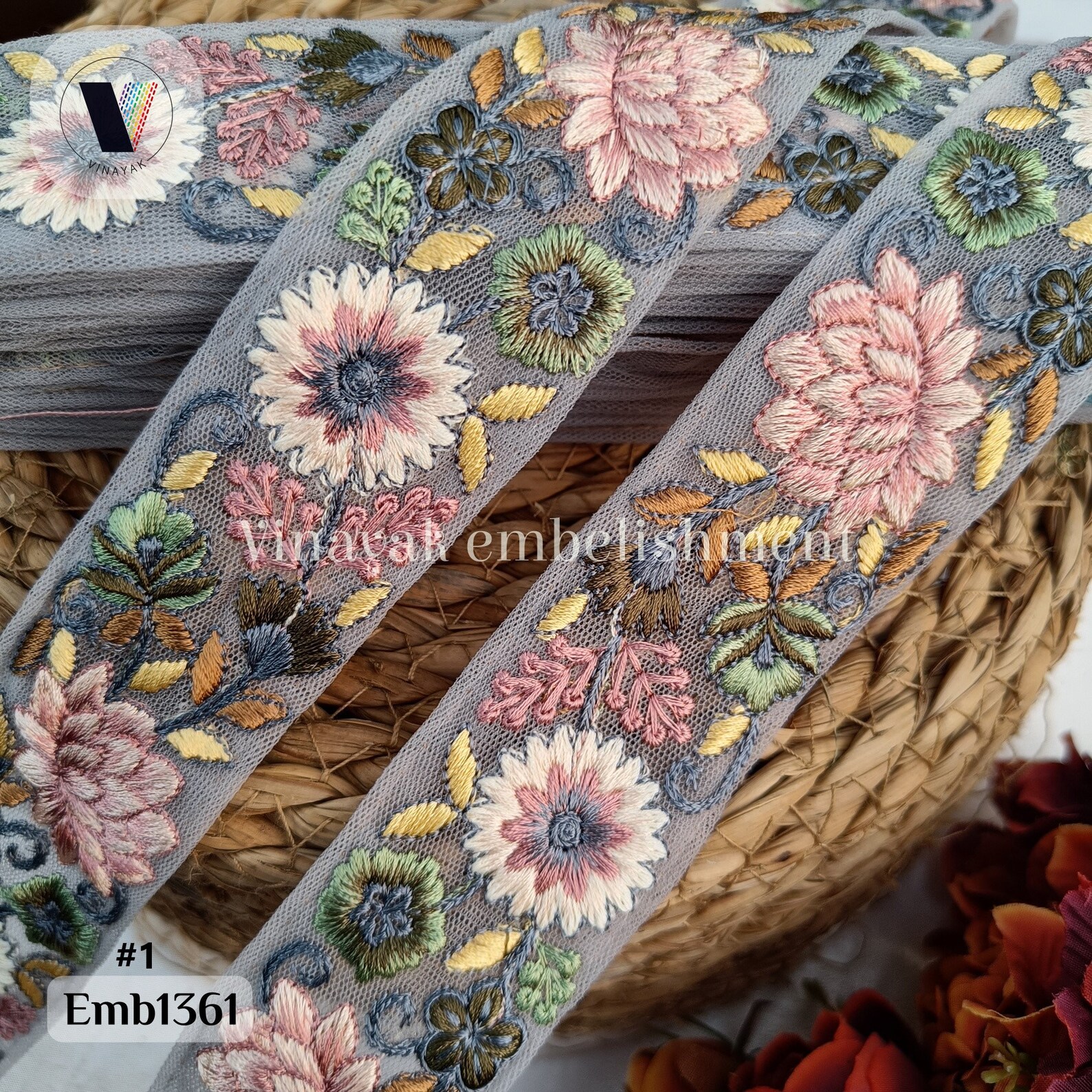 3.5 Cm Floral Pastel Embroidery Trims Tulle Ribbon Sari Border, Camera ...