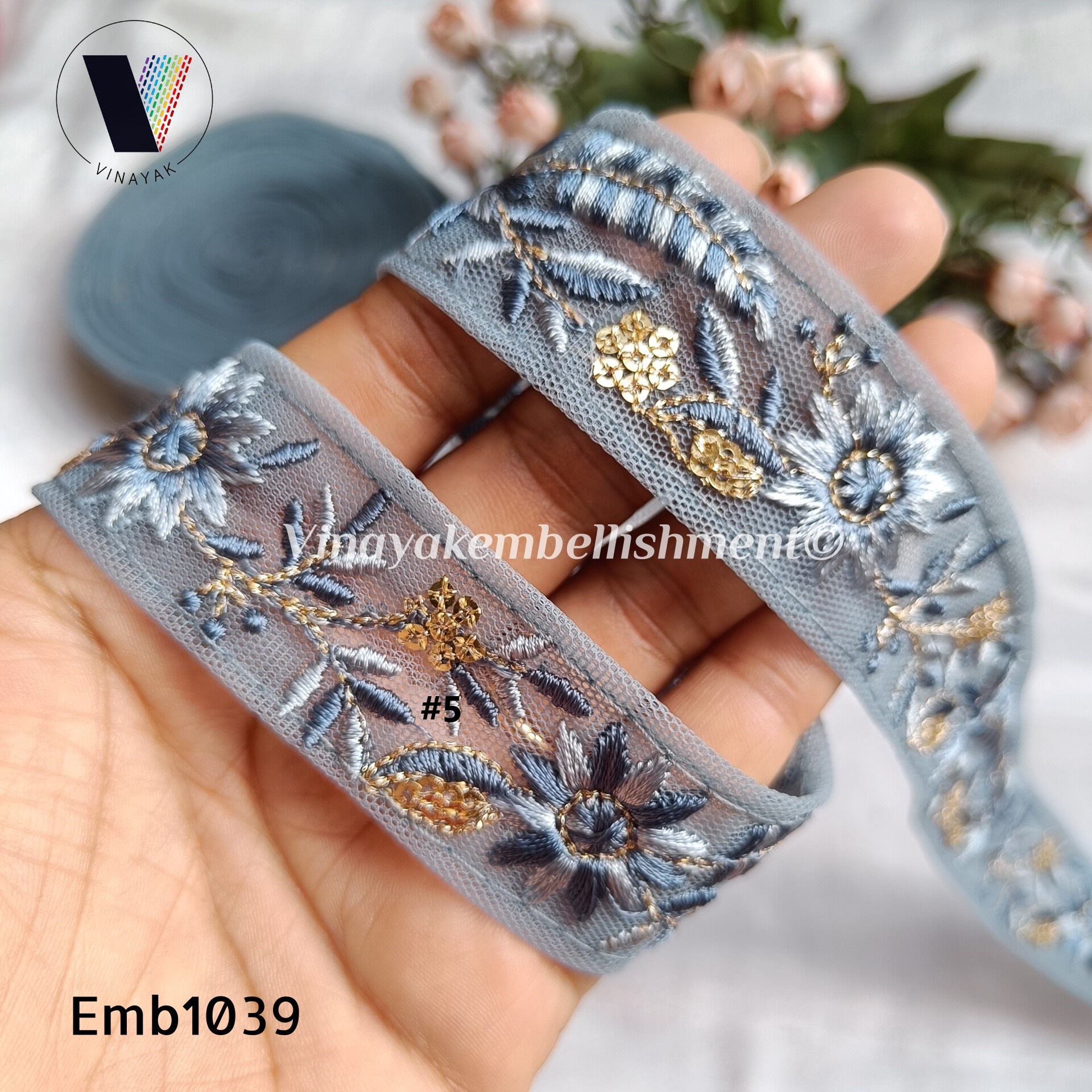 9 Yards 1.25" Floral Thread Embroidered Ribbon Trims Jacket- Jeans ...