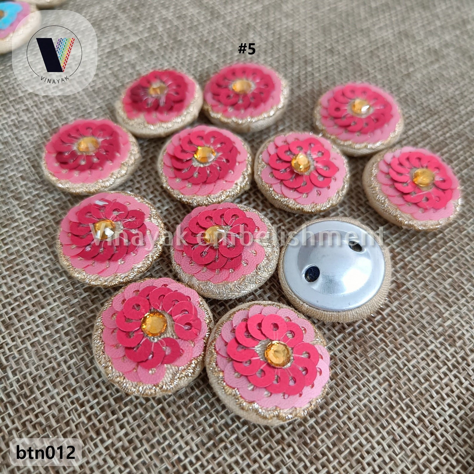 6 Pc 2 Cm Sequins Metallic Thread Embroider Beige Fabric Button Sew-on ...