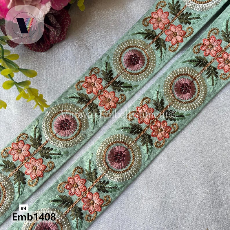 4 Cm Multi Floral Embroidered Narrow Fabric Trim Border, Indian Sari ...