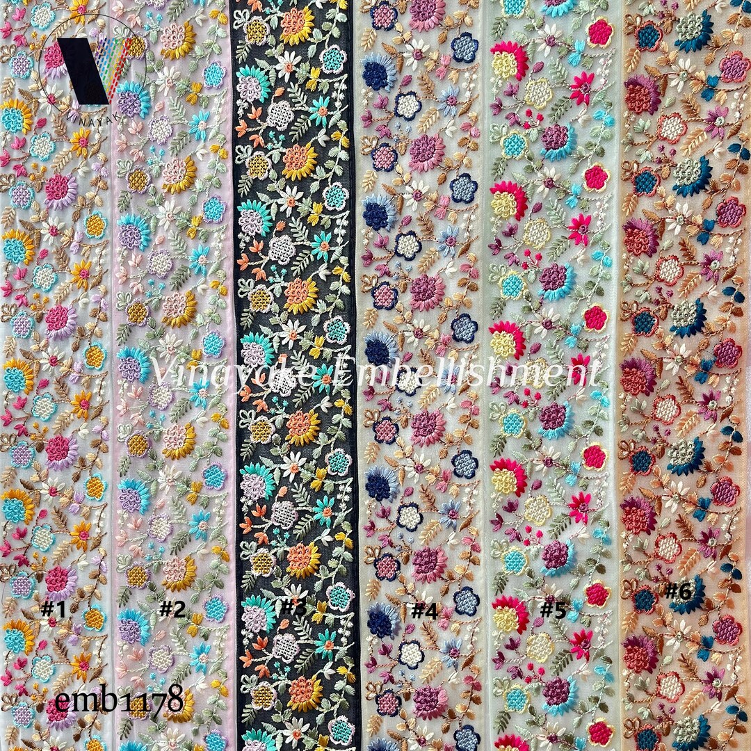 7 Cm Floral Multi Color Indian Embroidery Trims Tulle Ribbon , Junk ...