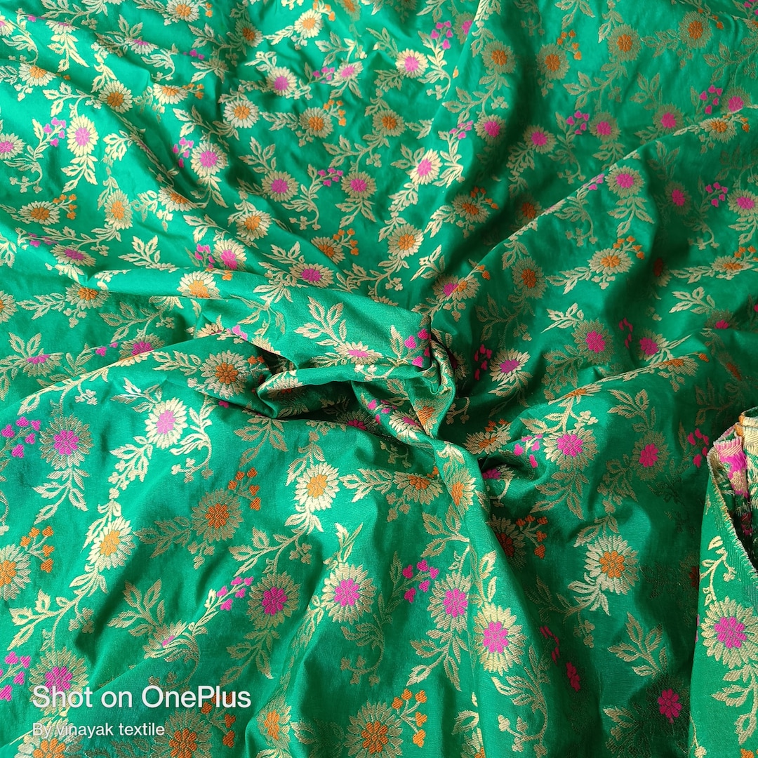 48 Green Brocade Fabric By Yard Indian Floral Web Brocade Art Silk