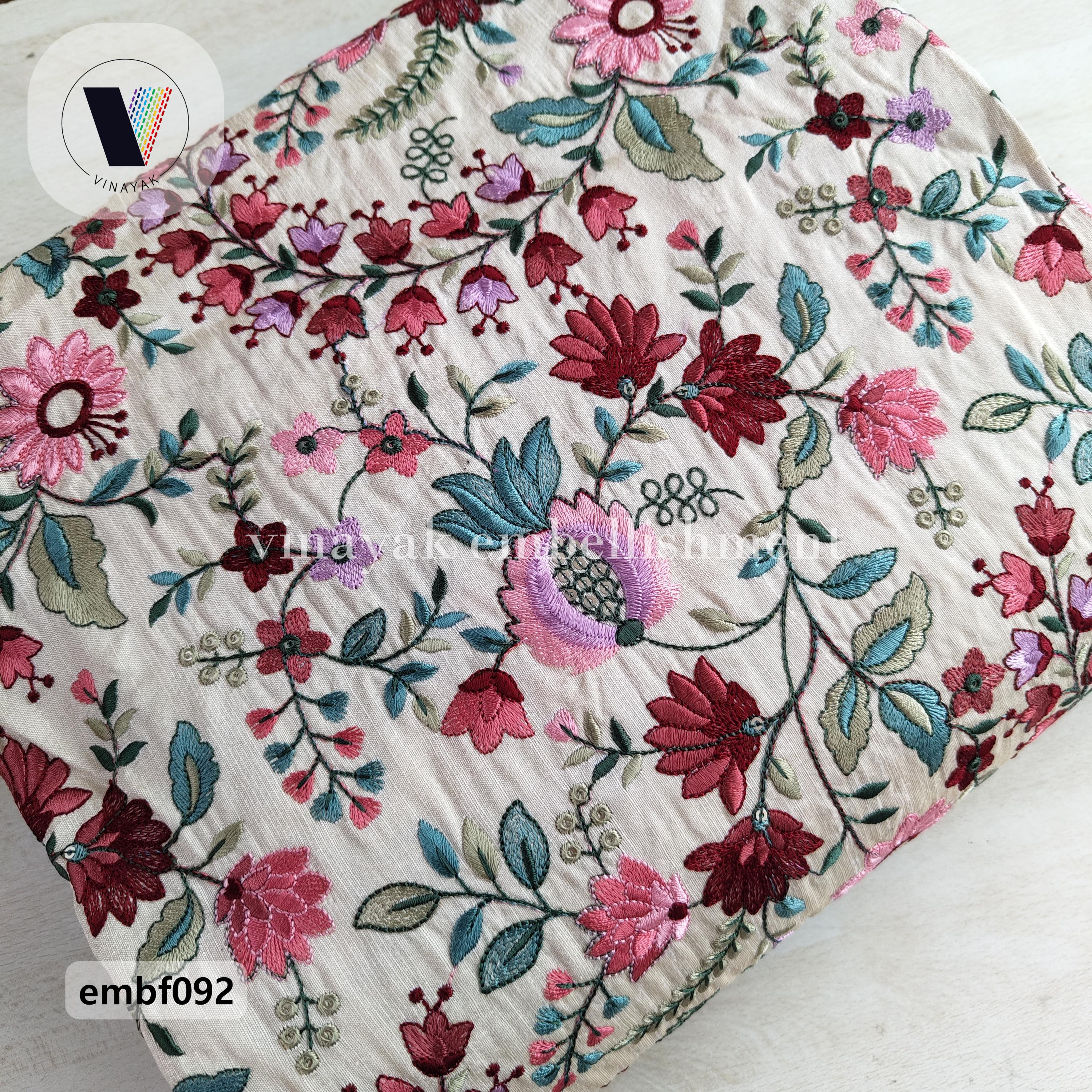 44" off White Multi Color Thread Embroidery Fabric, Lehenga Wedding ...