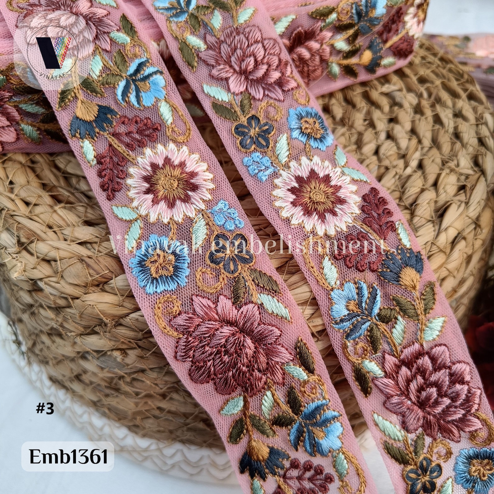 3.5 Cm Floral Pastel Embroidery Trims Tulle Ribbon Sari Border, Camera ...