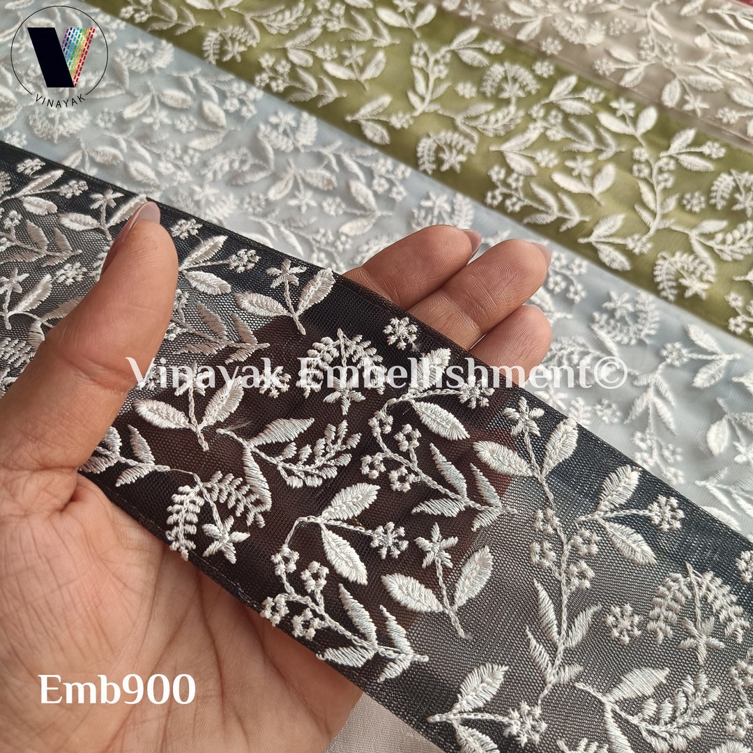 2.75 by the Yard White Thread Embroidered Netting Trim Ribbon, Boho ...