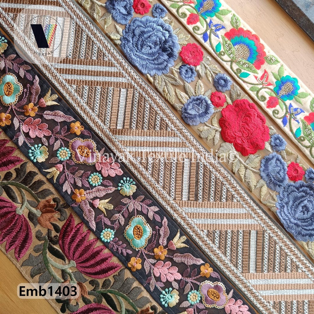 9 Yards Multi Color Thread Embroidery Sari Fabric Trims, Pouch Hand Bag ...