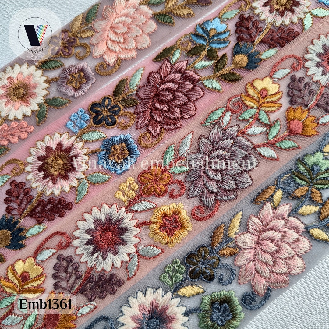 3.5 Cm Floral Pastel Embroidery Trims Tulle Ribbon Sari Border, Camera ...