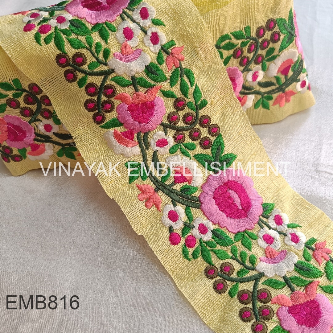 2.5" Floral Multi Color Embroidered Sari Fabric Ribbon, Boho Bag Strap ...