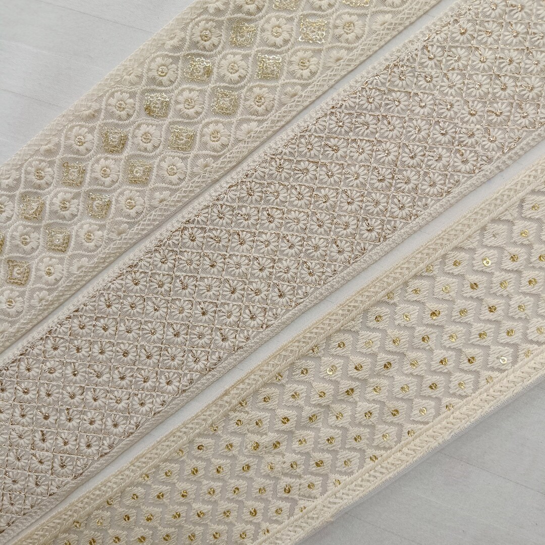 7 Cm White Gold Embroidered Net Fabric Trim Ribbon DIY Sewing, Pandora ...