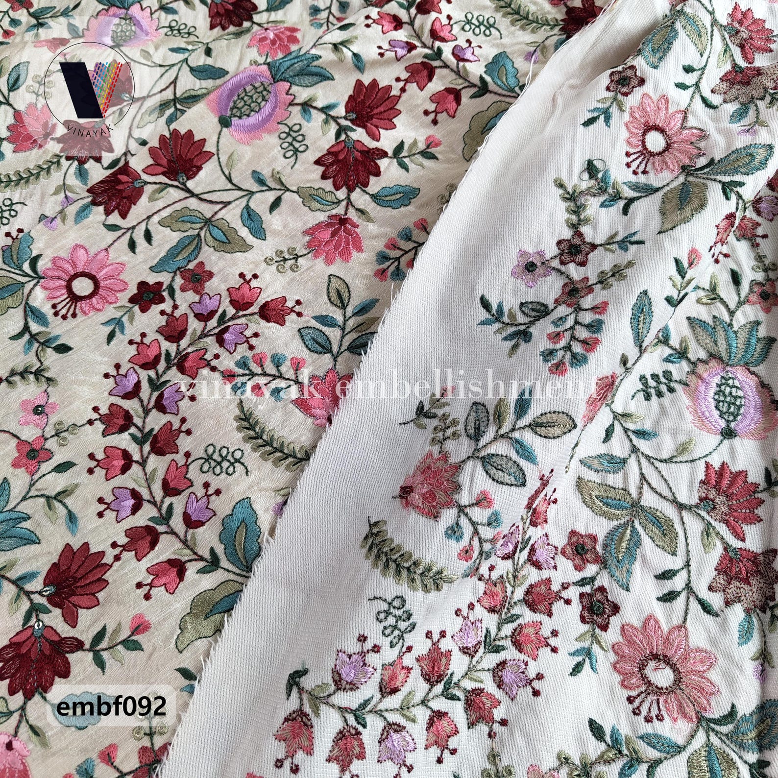 44" off White Multi Color Thread Embroidery Fabric, Lehenga Wedding ...