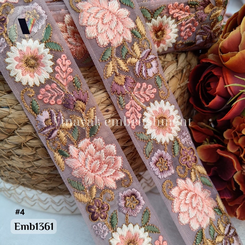 3.5 Cm Floral Pastel Embroidery Trims Tulle Ribbon Sari Border, Camera ...