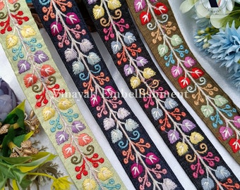 1.25" Floral Multi Color Embroidered Indian Net Mesh Ribbon, Boho Bag ...
