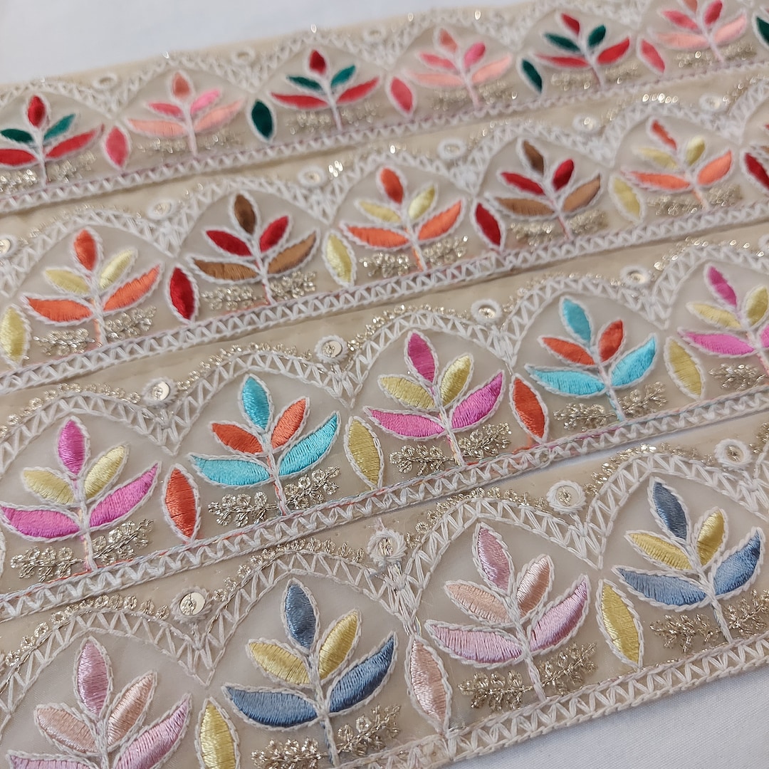 2" Multi-color Thread Indian Embroidery Sari Fabric Embellishment Trim ...