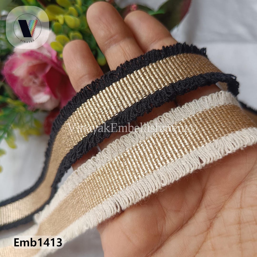 4 Yard 1" White Black Gold Thread Braided Sari Ribbons, Garment Sewing ...