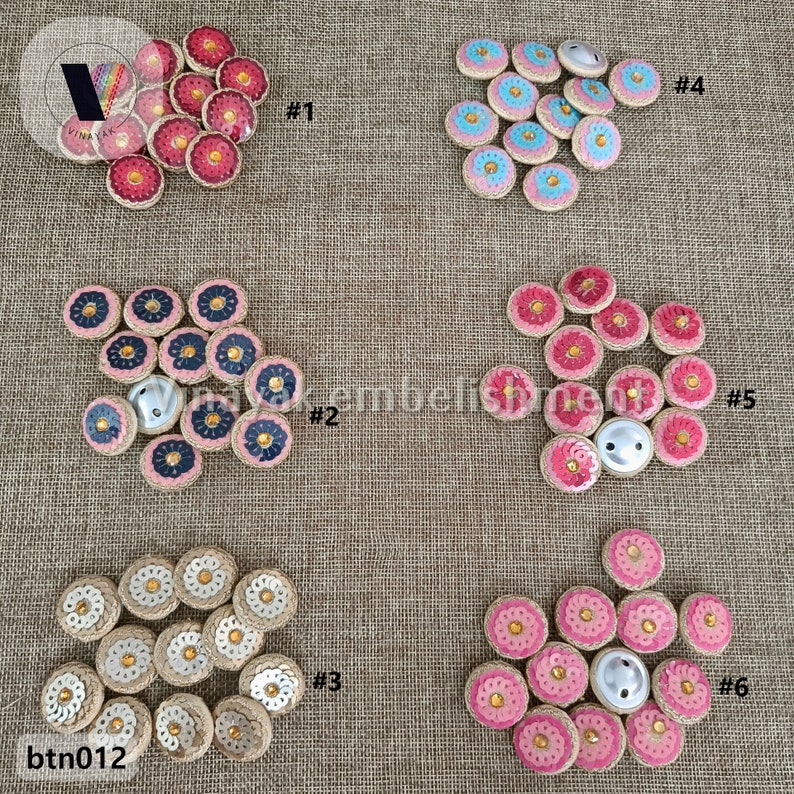 6 Pc 2 Cm Sequins Metallic Thread Embroider Beige Fabric Button Sew-on ...