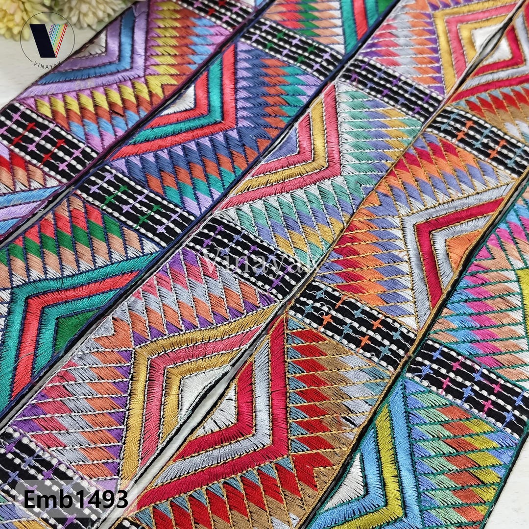 Embroidered Geometry Fabric Trim: Multicolor Sari Border, Guitar/jeans ...