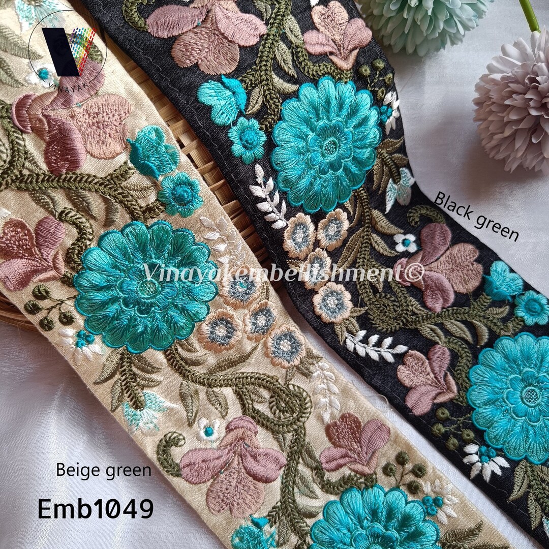 9 Yards 3" Multi Color Beige Black Embroidered Sari Fabric Trim Jewelry ...