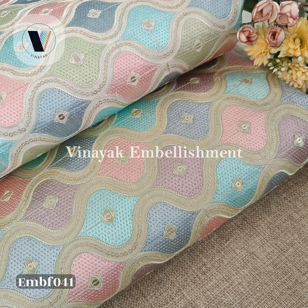 44" Floral Pastel Multi Color Embroidery Dupioni Thick Fabric, Wedding ...