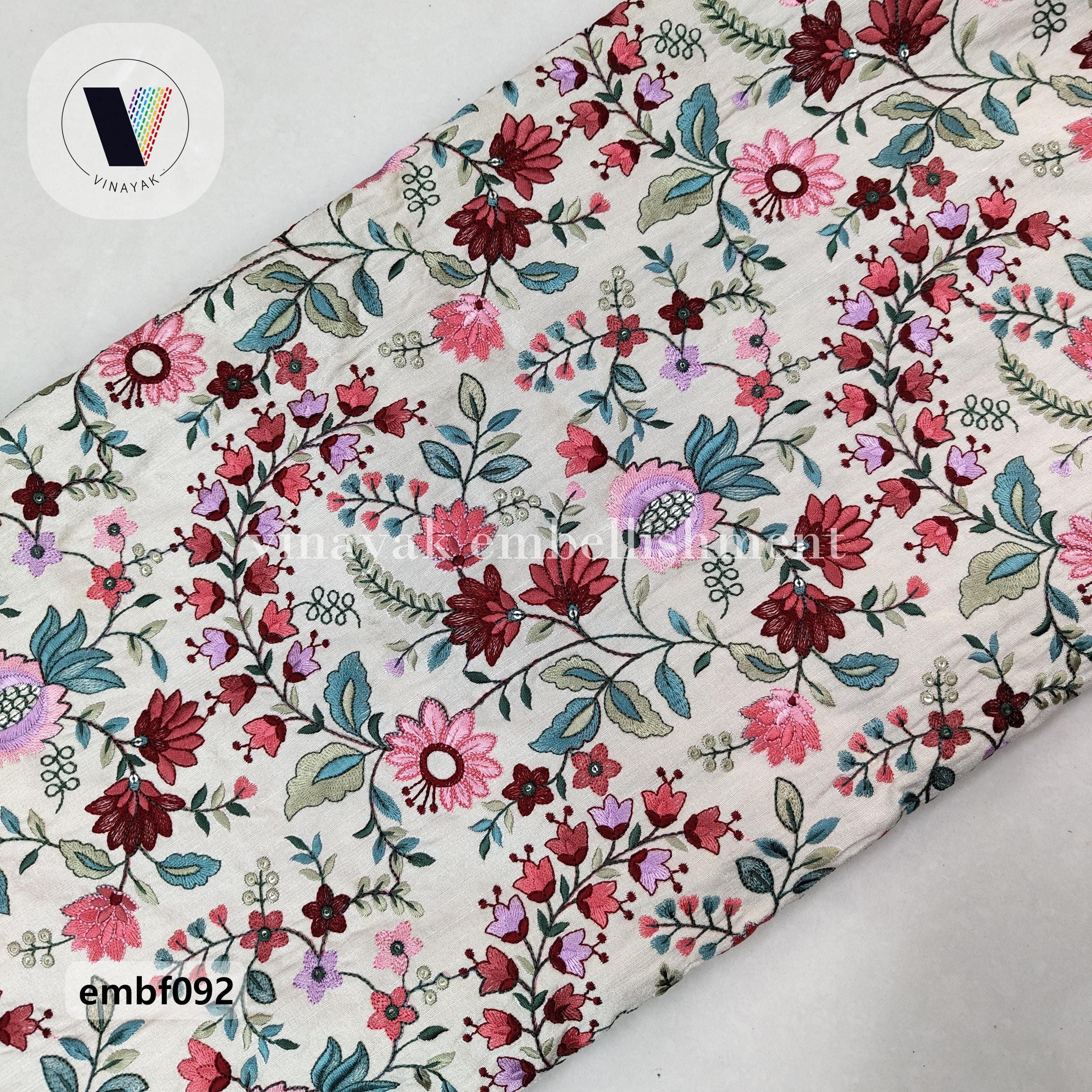 44" off White Multi Color Thread Embroidery Fabric, Lehenga Wedding ...