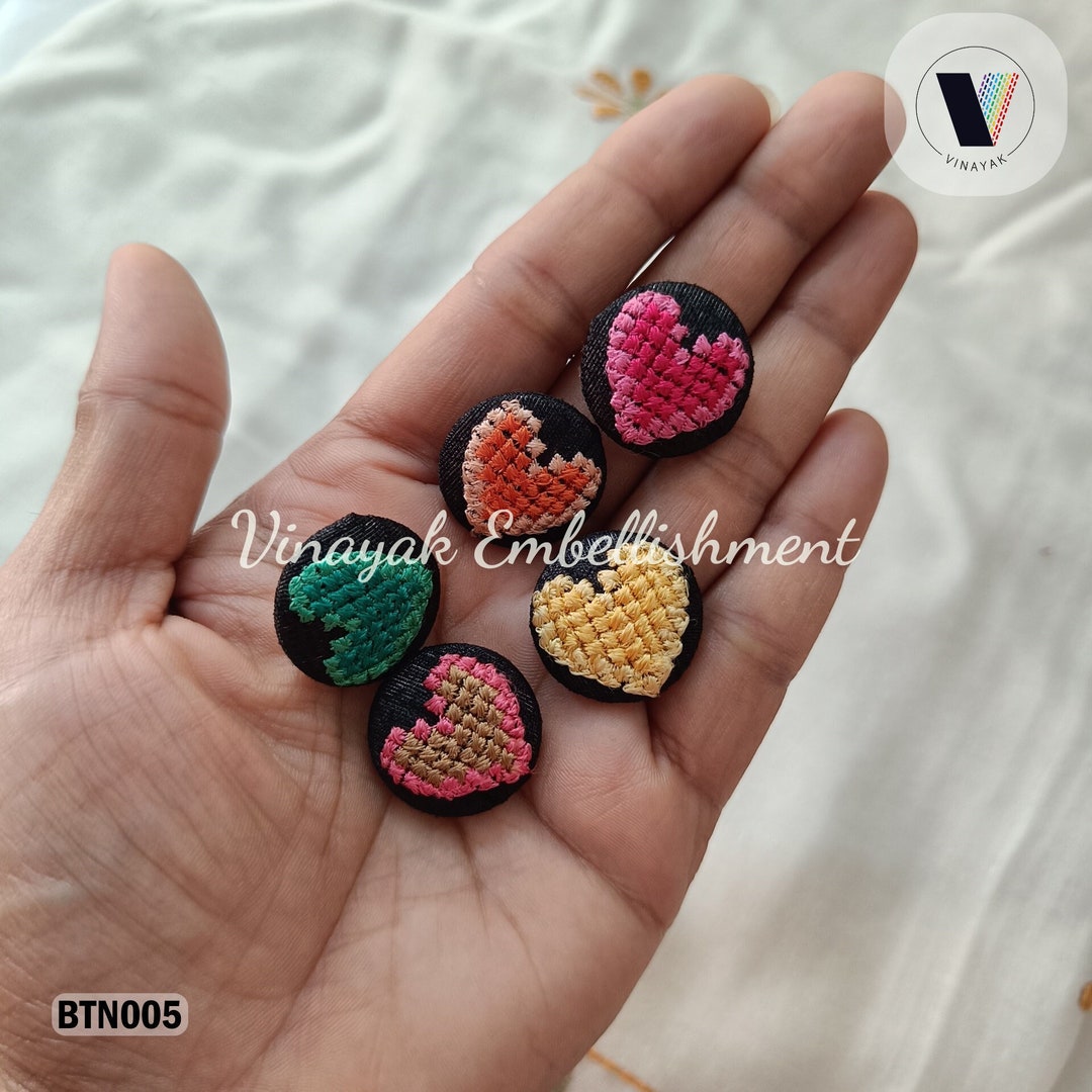 2 Cm 6 Pc Black Embroidered Heart Thread Button, Boho Fancy Fabric ...