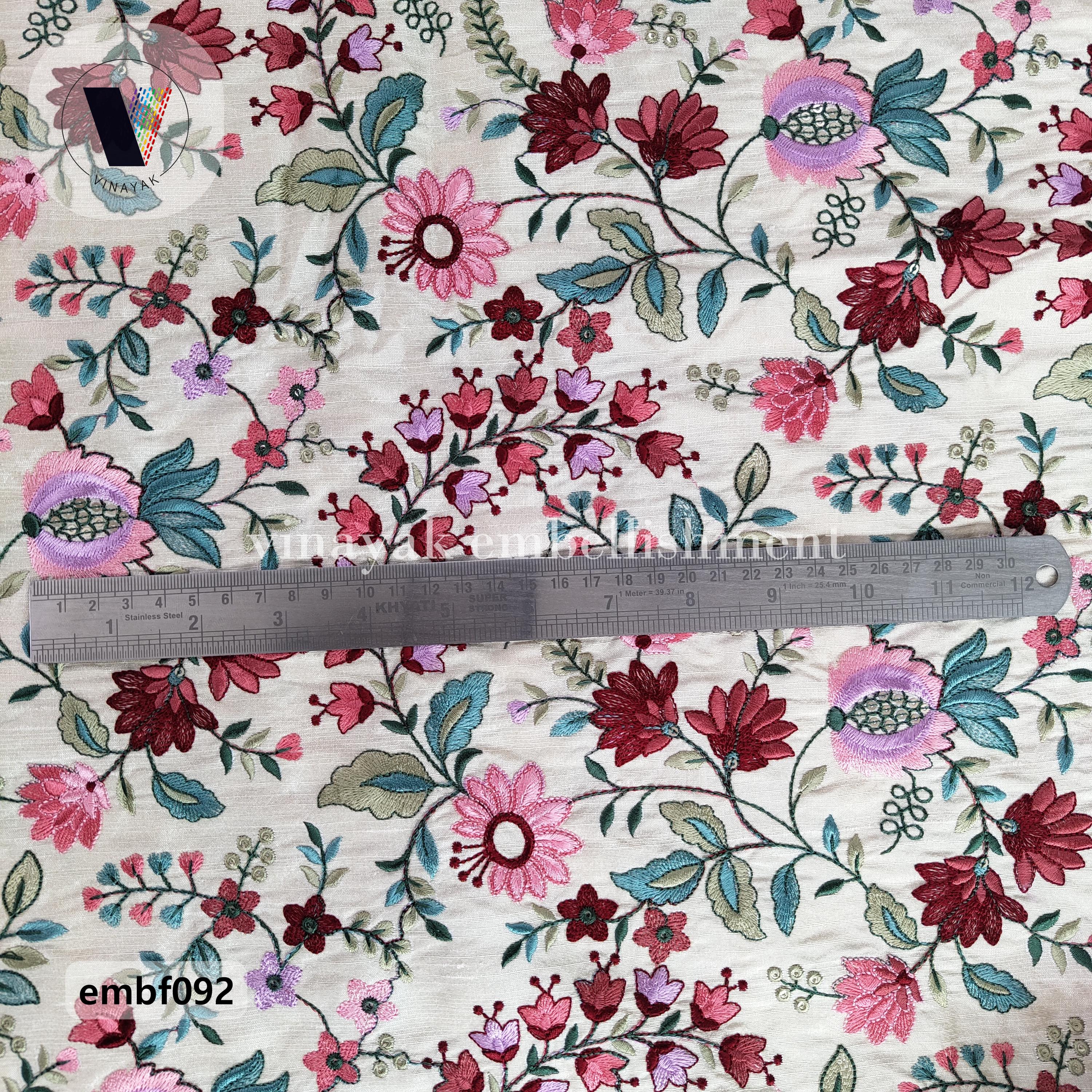 44" off White Multi Color Thread Embroidery Fabric, Lehenga Wedding ...