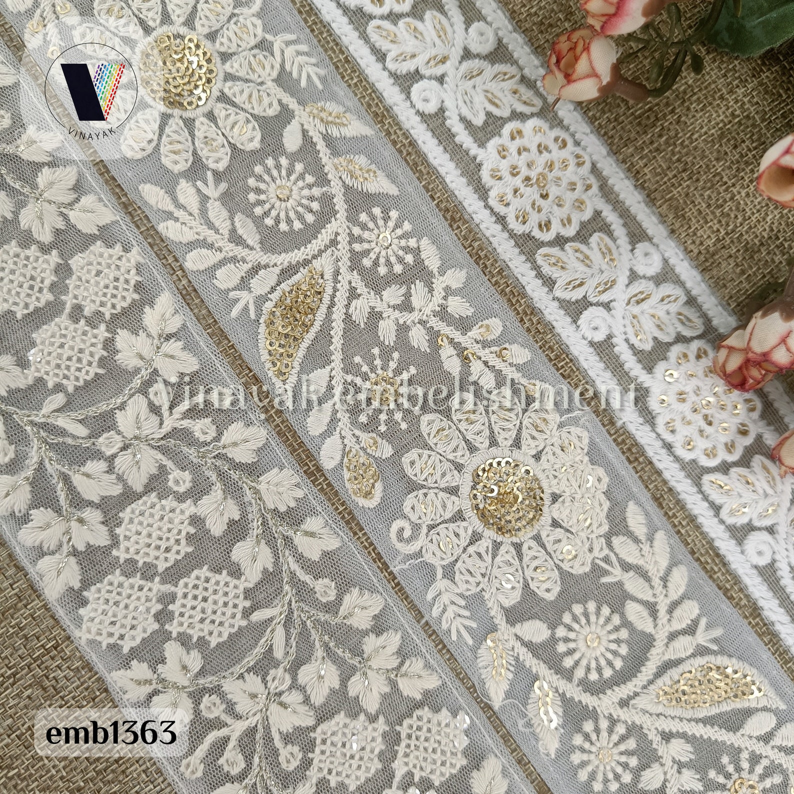 3.5"-5.5" White Cotton Thread Dyeable Tulle Embroidery Ribbon, Boho ...