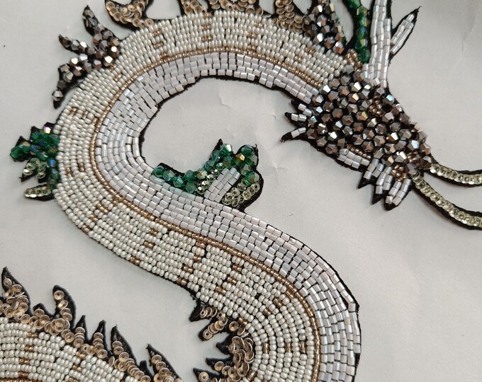 11" Hand Embroidered Dragón Pearl Bead Zardozi Appliques, Denim Jacket ...