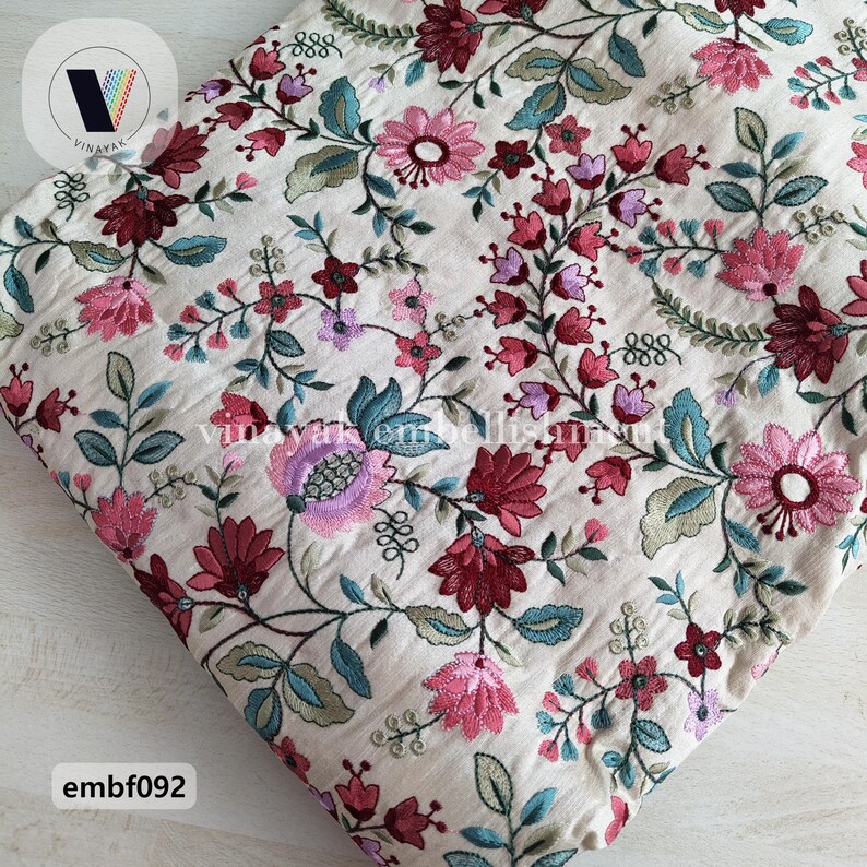 44" off White Multi Color Thread Embroidery Fabric, Lehenga Wedding ...