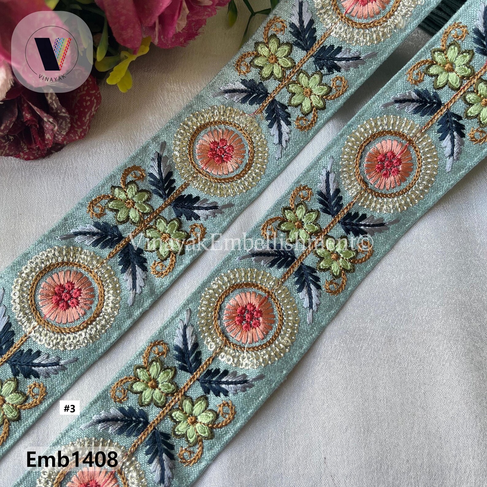 4 Cm Multi Floral Embroidered Narrow Fabric Trim Border, Indian Sari ...