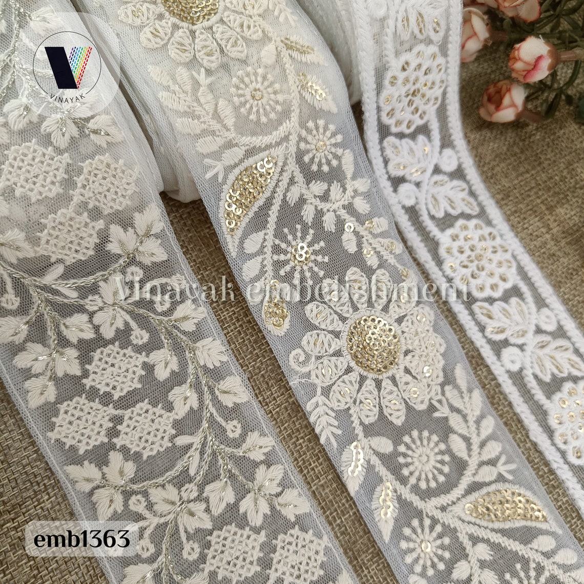 3.5"-5.5" White Cotton Thread Dyeable Tulle Embroidery Ribbon, Boho ...
