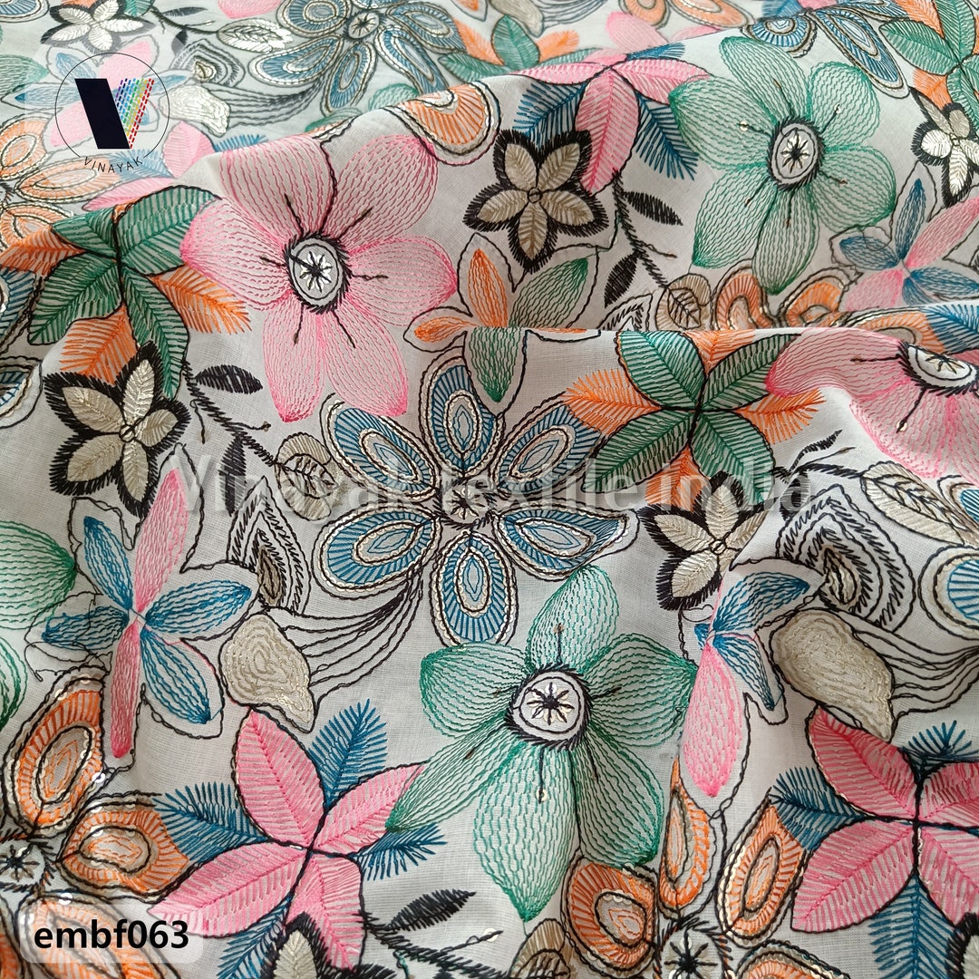 44" Multicolor Thread Embroidery on Kora Cotton Fabric, Kimono Kaftan ...