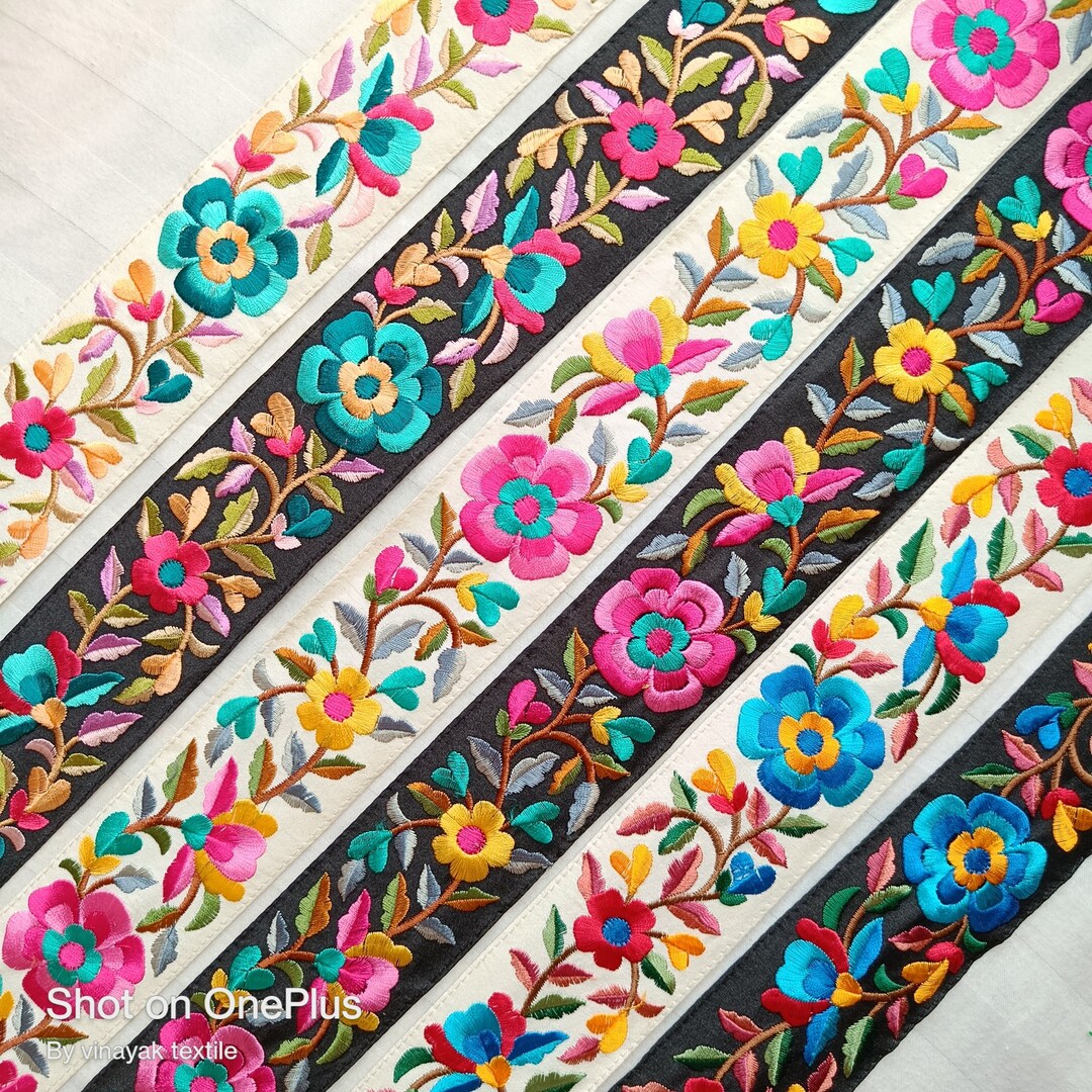 2" Indian Ethnic Floral Embroidery Trims Sari Fabric Ribbon, Decorative ...