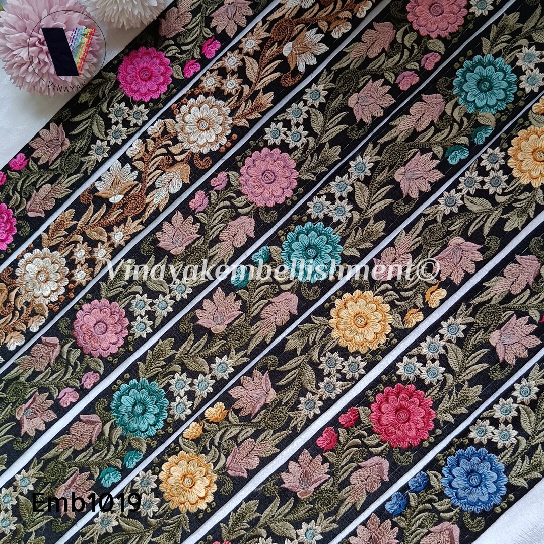 2" Floral Multi Color Embroidered Sari Fabric Ribbon Indian Trim Guitar ...