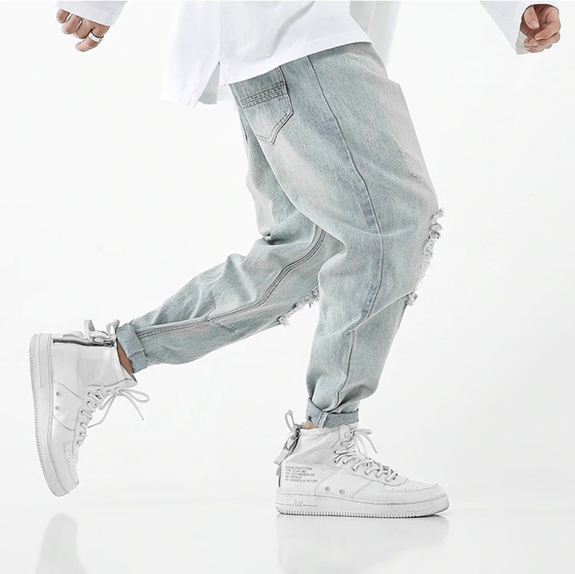 Men Ripped Jeans Light Blue Denim Hip Hop Rapper Loose Fit | Etsy