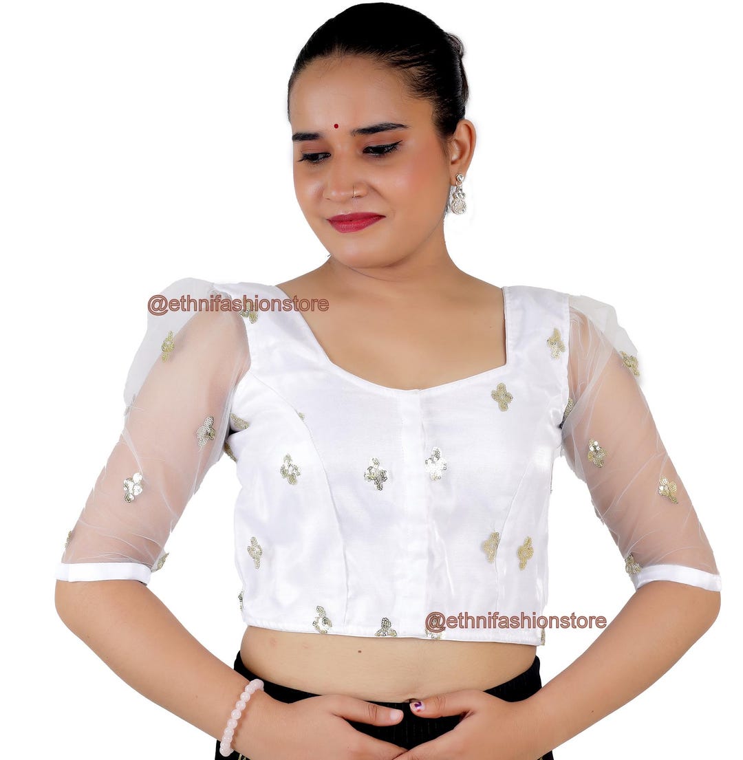 Designer White Ready to Wear Blouse, Net Sleeves Taffeta Silk Ready ...
