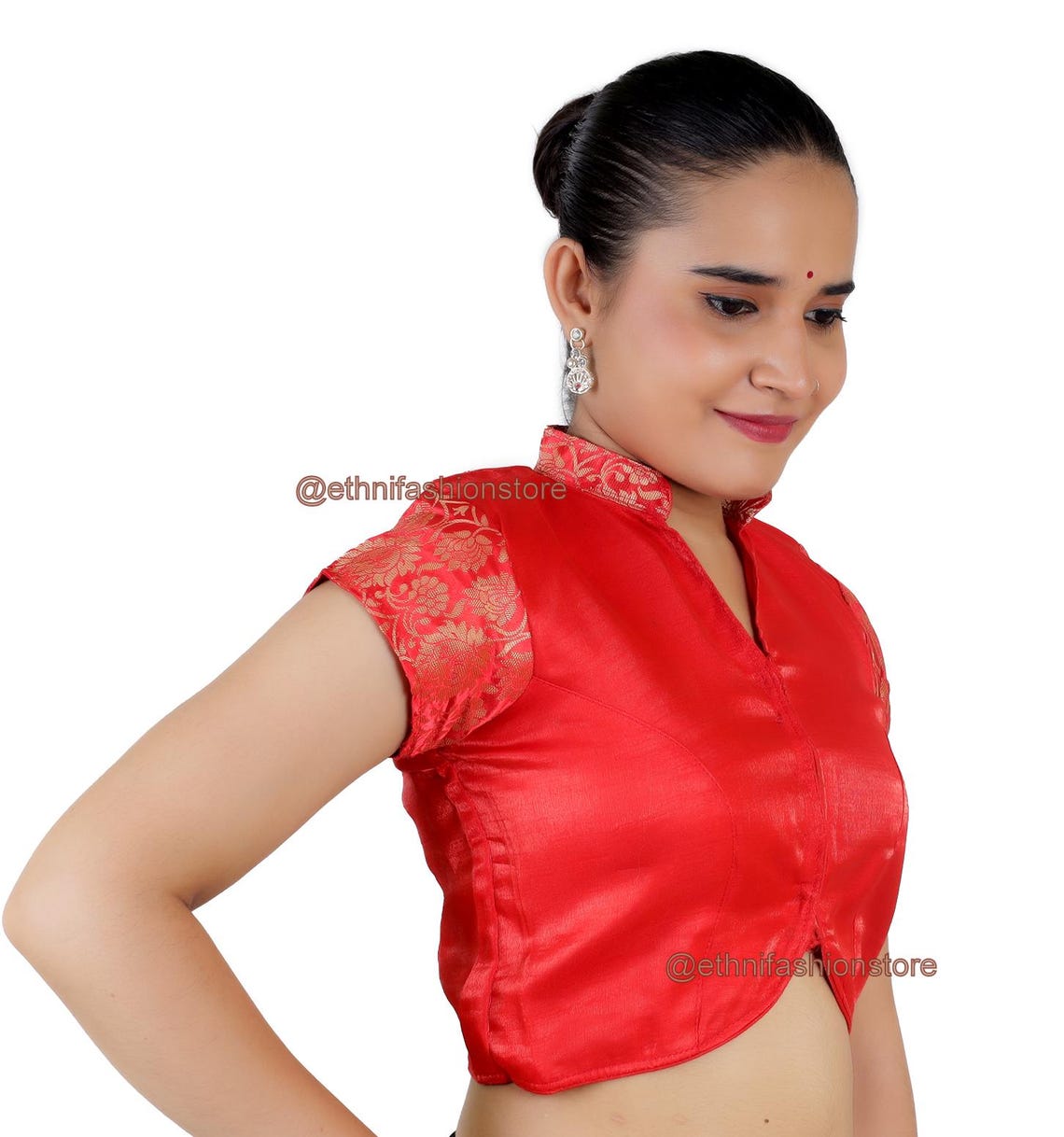 Designer Red Collar Readymade Saree Blouse, Banarasi Brocade Short ...