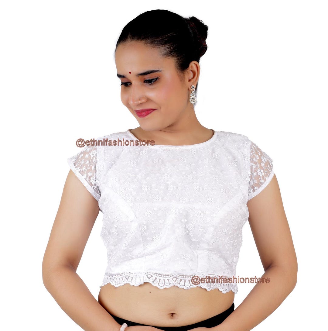 Designer White Net Padded Ready to Wear Blouse, Net Sleeves Taffeta ...