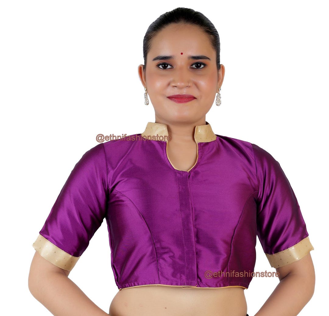 Magenta V Neck Tafetta Silk Collar Saree Blouse, Collar Sari Blouse ...
