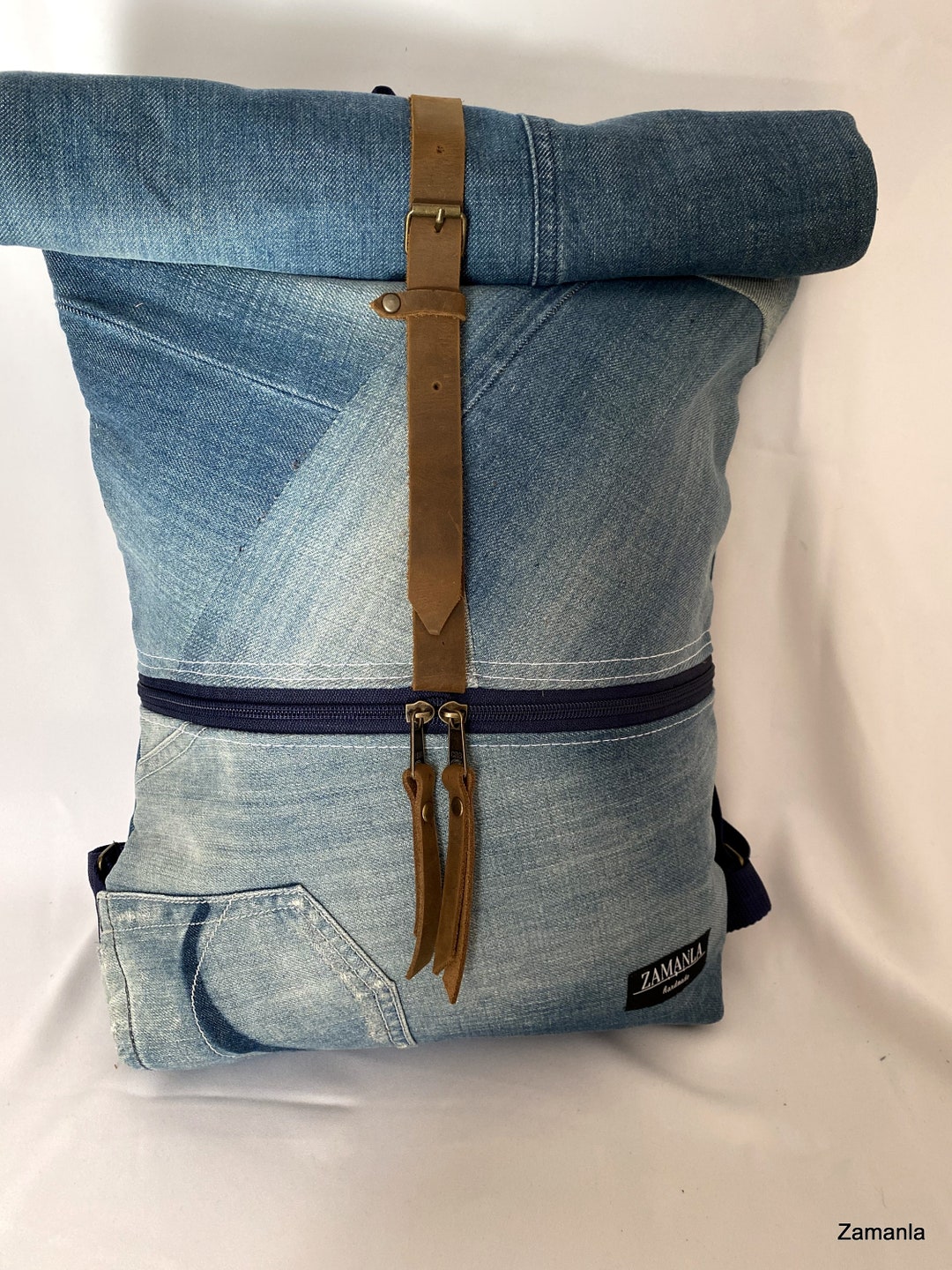 Recycled Jeans Roll Top Bag With Zipper Oversize Denim - Etsy