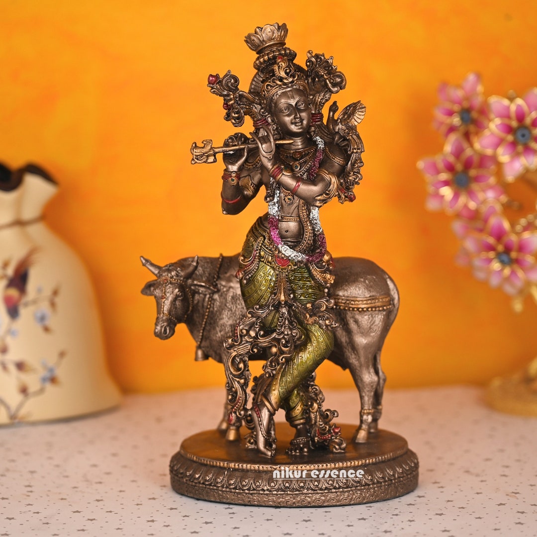Krishna With Cow Statue, 28 Cm Bonded Bronze Krishna Cow Sculpture ...