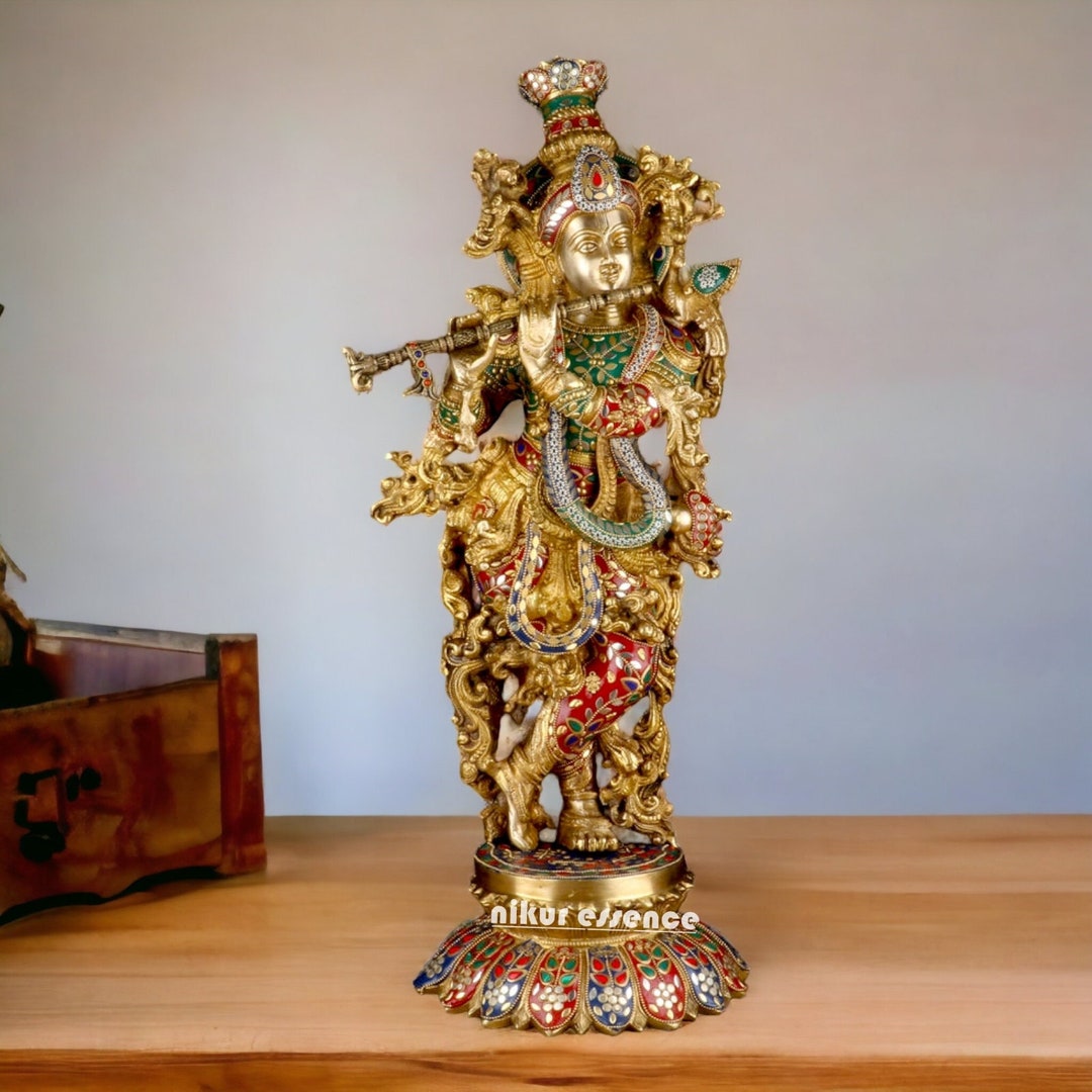 Lotus Big Lord Murli Manohar Krishna Statue Brass Inlay - Etsy